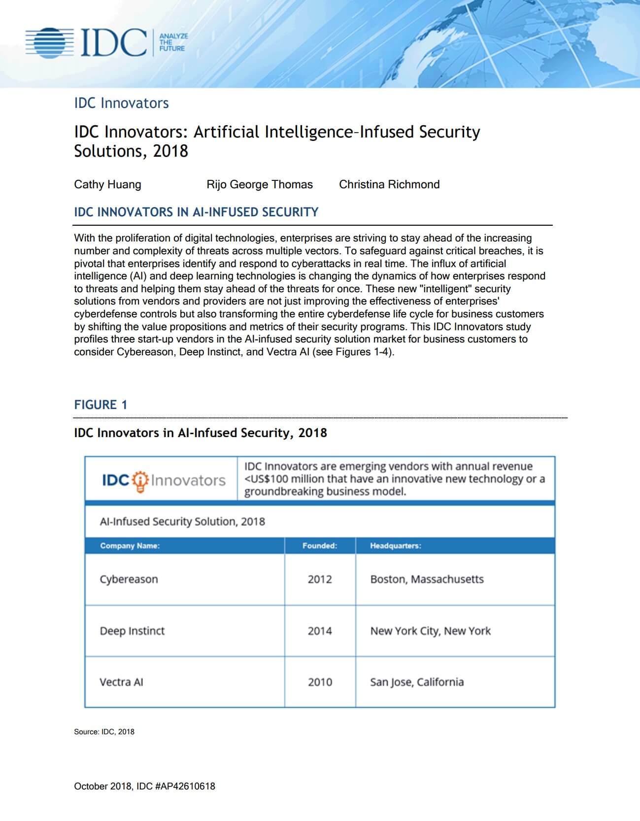 Idc Innovators Artificial Intelligence Infused Security Solutions 2018